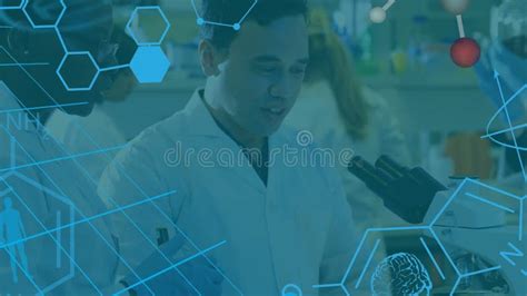 Animation Of Chemical Structure On Diverse Male And Female Scientists Using Microscope At