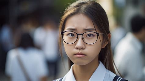 Young Asian Girl Wearing Glasses In A Background A High School Girl