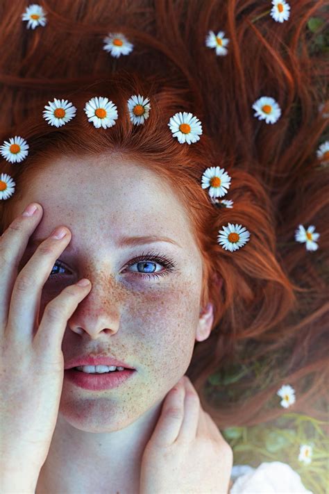 Model Freckles Flowers Blue Eyes Women Redhead Face Hd Wallpaper