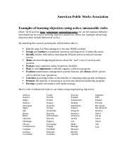 Examples Of Learning Objectives Using Behavioral Verbs Doc American Public Works Association