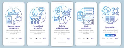 스마트 하우스 온보딩 모바일 앱 페이지 화면 벡터 템플릿입니다 가전 제품의 자동 제어 선형 일러스트레이션이 있는 웹 사이트 연습 단계입니다 Ux Ui Gui 스마트폰