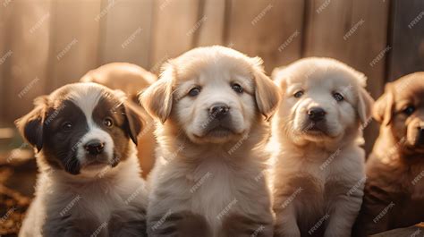Premium Photo Four Puppies Sit In A Row One Of Which Is A Puppy