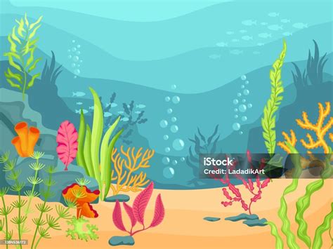 해초 수중 배경 생태계 바다 산호와 잡초와 바다 세계 자연 해양 또는 호수 밝은 그림 깔끔한 벡터 만화 바다 풍경 대양저에 대한 스톡 벡터 아트 및 기타 이미지 Istock