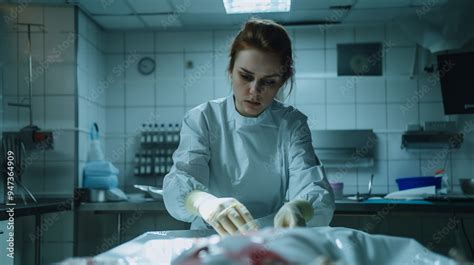Female Forensic Specialist Doctor Is Examining A Dead Body On The