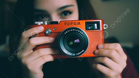 주황색 후지 카메라로 셀카를 찍는 소녀 후지필름 일회용 카메라 사진 배경 일러스트 및 사진 무료 다운로드 Pngtree