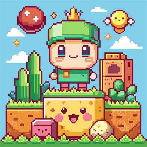 Cute Pixelated Character With A Crown Standing On A Platform With A Smiling Cheese Premium Ai