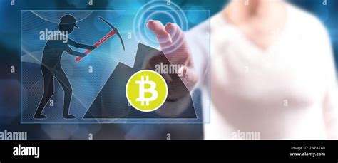 Woman Touching A Bitcoin Mining Concept On A Touch Screen With Her Fingers Stock Photo Alamy