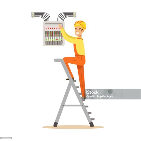 벡터 일러스트 레이 션을 작동 하는 전기는 발판 사 닥 다리를 밟 고 전기 남자 수행 전기 퓨즈 상자에서 장비를 속이 고 남자에 대한 스톡 벡터 아트 및 기타 이미지