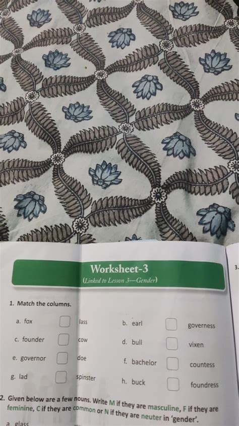 Match The Columns Worksheet Linked To Lesson Gender A Fox Lass B