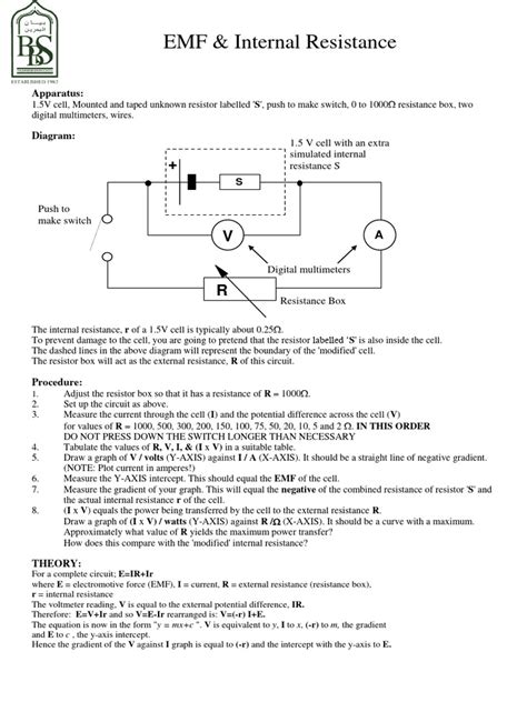 Internal Resistance Lab Pdf Resistor Electrical Resistance And Conductance