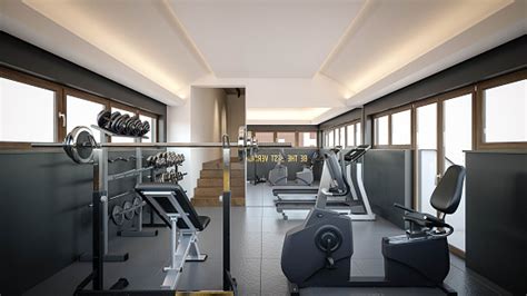 인테리어 디자인 아키텍처 컴퓨터는 홈 체육관의 이미지를 생성 아키텍처 시각화 3d 렌더링 체육관에 대한 스톡 사진 및 기타 이미지 Istock