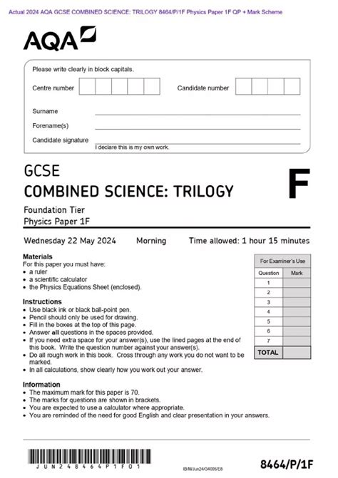 Actual 2024 Aqa Gcse Combined Science Trilogy 8464 P 1f Physics Paper 1f Qp Mark Scheme