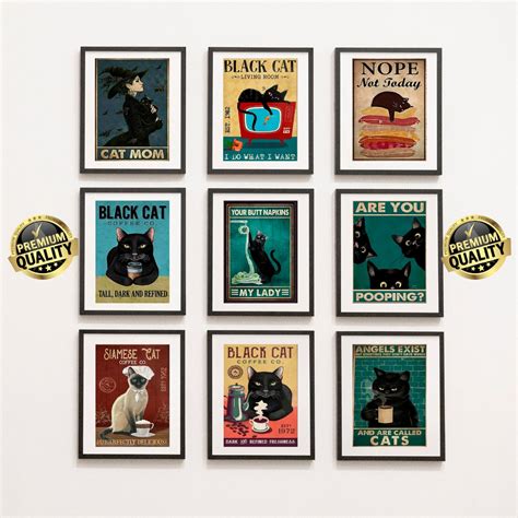 Vintage Cat Prints Set Of 9 Cat Wall Art Vintage Cat Decor Cat Lovers