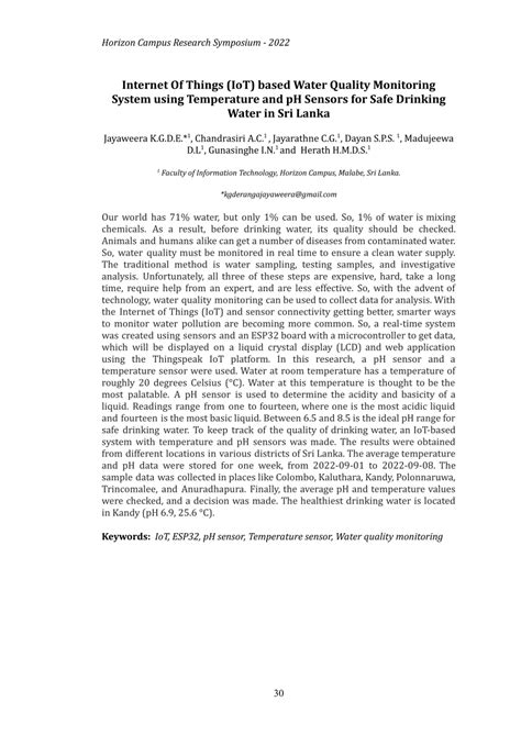 Pdf Internet Of Things Iot Based Water Quality Monitoring System Using Temperature And Ph