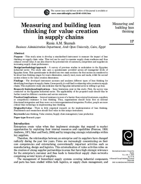 Pdf Measuring And Building Lean Thinking For Value Creation In Supply