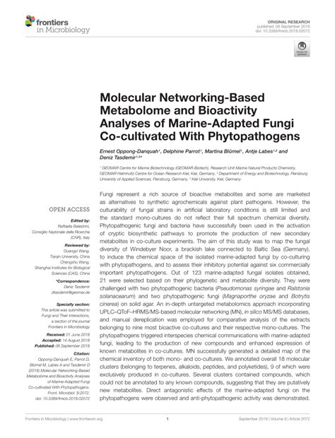 Pdf Molecular Networking Based Metabolome And Bioactivity Analyses Of Marine Adapted Fungi Co
