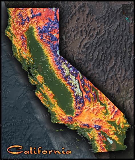 Colorful California Map Topographical Physical Landscape