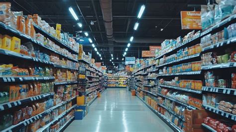 A Wide Aisle In A Grocery Store Showcasing Neatly Arranged Shelves