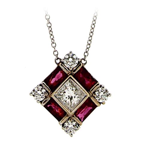 Baguette Ruby Princess Cut Diamond Gold Pendant Necklace For Sale At