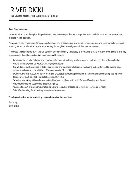 Tableau Developer Cover Letter Velvet Jobs