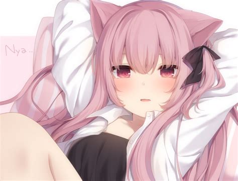 Blushing Cat Girl Amashiro Natsuki Pillow Cat Ears Hd Wallpaper