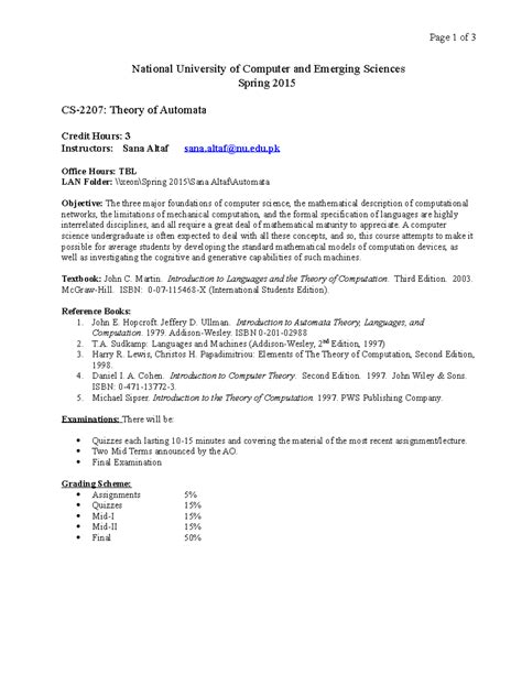 Course Outline Summary Theory Of Automata Page 1 Of 3 National University Of Computer And