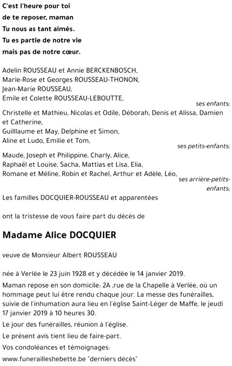 Avis De Décès De Alice Docquier Décédé Le 14 01 2019 à Verlée Annonce Condoléances Fleurs
