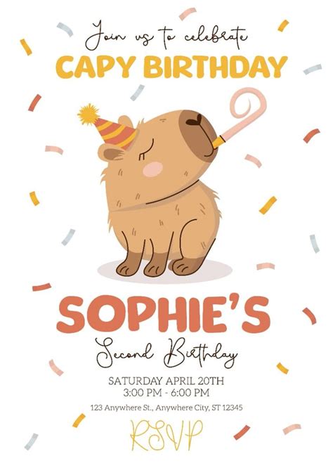 Capy Birthday Invitation Template In Hand Drawn Style With Cute Capybara In Hat Confetti And Pipe
