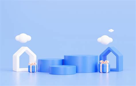 집 모델 및 Tbox 3d 추상적 인 배경 빈 배경 받침대가있는 파란색 연단 집 제품 배치를위한 받침대 제품 디스플레이
