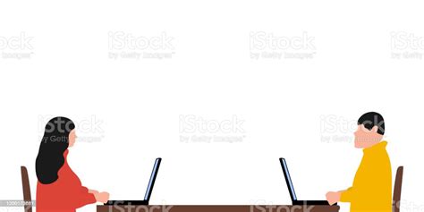 남자와 여자는 흰색 배경에 고립 된 노트북 뒤에 사무실에서 작동합니다 만화 플랫 디자인 벡터 일러스트레이션 건강관리와 의술에 대한 스톡 벡터 아트 및 기타 이미지 Istock