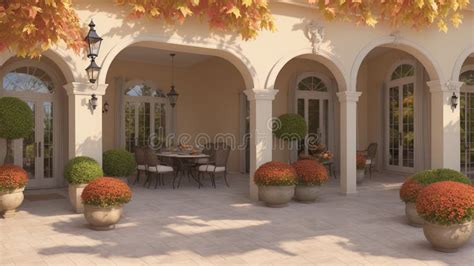 A Patio With A Table And Chairs Under A Tree Stock Illustration