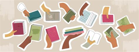 책 교환 개념 또는 Bookcrossing 스티커 손 절연 평면 만화 벡터 일러스트 레이 션의 집합 교과서 교환 문학 이벤트를