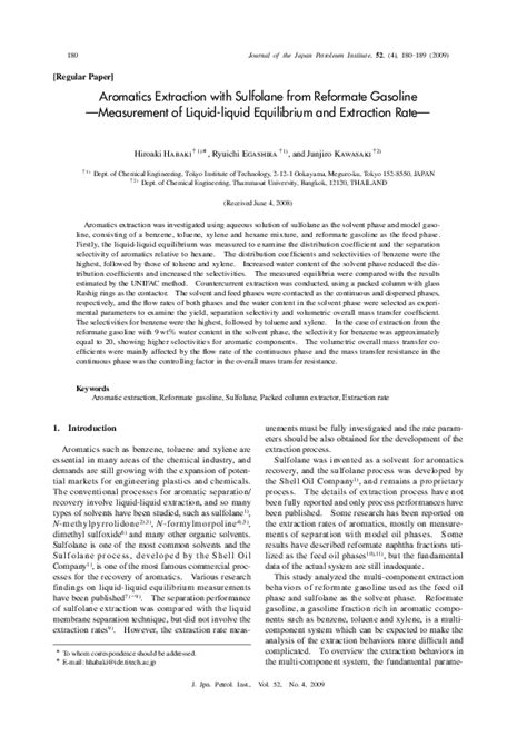 Pdf Aromatics Extraction With Sulfolane From Reformate Gasoline