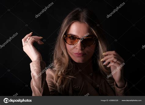 Italian Girl Long Blond Hair Posing Leather Jacket Sunglasses High