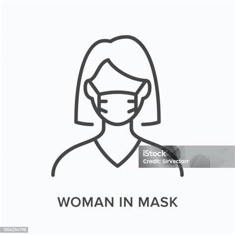 마스크 플랫 라인 아이콘에 여자 여성의 벡터 윤곽선 그림입니다 블랙 씬 선형 픽토그램 젊은 사람 보호 마스크에 대한 스톡 벡터 아트 및 기타 이미지 Istock