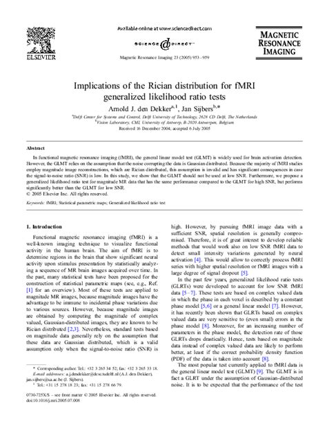 Pdf Implications Of The Rician Distribution For Fmri Generalized Likelihood Ratio Tests