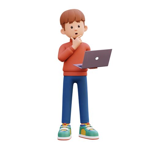 3d Male Character Thinking And Working On A Laptop 24387895 Png