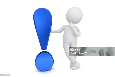 느낌표 3d 파란색 느낌표 묻는 숙고 생각 스틱 그림 남자 사람 흰색 절연 3차원 형태에 대한 스톡 사진 및 기타 이미지 3차원 형태 걱정하는 경계 표지 Istock