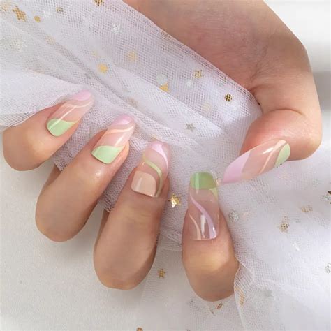 24 피스 아몬드 셰이프 네일 팁 세트 누드 컬러 톤 미들 길이 스트라이프 및 컬러블록 패턴 젤리 접착 Temu Republic Of Korea