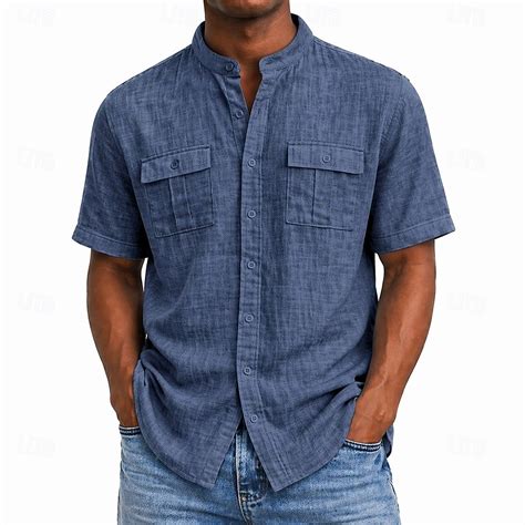 Mens Shirt Linen Shirt Summer Shirt Beach Wear Band Collar Shirt