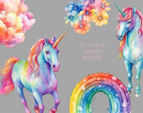 Rainbow Unicorn Watercolor Clipart Nursery Art Png Digital Download