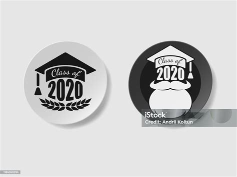 2020년 수업 흰색 둥근 스티커에 교육 학술 모자와 월계수 화환 검은 숫자 졸업 디자인 고등학교 또는 대학 축 하 졸업을위한 템플릿 벡터 그림입니다 2020년에 대한 스톡