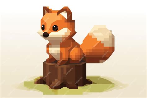 나무 줄기 위의 픽셀화 된 여우 픽셀 아트 개념 만화 스타일 프리미엄 사진