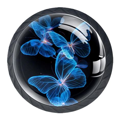 4 Pack Black Drawer Knobs Blue Butterfly Cabinet Knobs Round Glass Knobs For Kitchen Cabinet