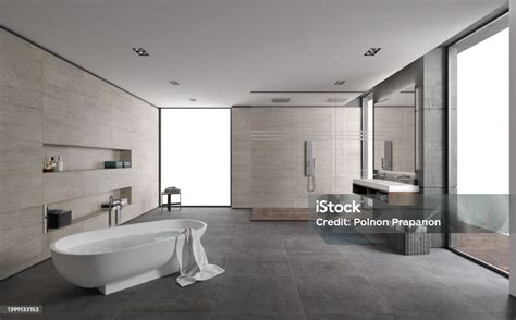 화강암 타일 벽 콘크리트 바닥 둥근 욕조 및 사각형 거울이있는 이중 싱크대가있는 현대적인 욕실의 인테리어 3d 일러스트 레이 션 0명에 대한 스톡 사진 및 기타 이미지