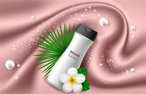 샴푸에 대한 병의 빈 벡터 사실적인 그림 열대 하와이 꽃 프란지파니 화장품 광고 및 홍보를 위한 배너 포스터 카드에 사용 3차원 형태에 대한 스톡 벡터 아트 및 기타 이미지