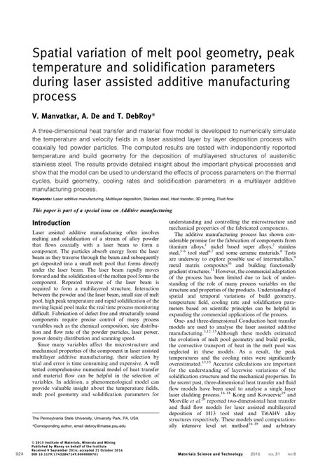 Pdf Spatial Variation Of Melt Pool Geometry Peak Temperature And Solidification Parameters