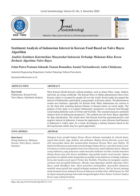 Pdf Sentiment Analysis Of Indonesian Interest In Korean Food Based On Naïve Bayes Algorithm