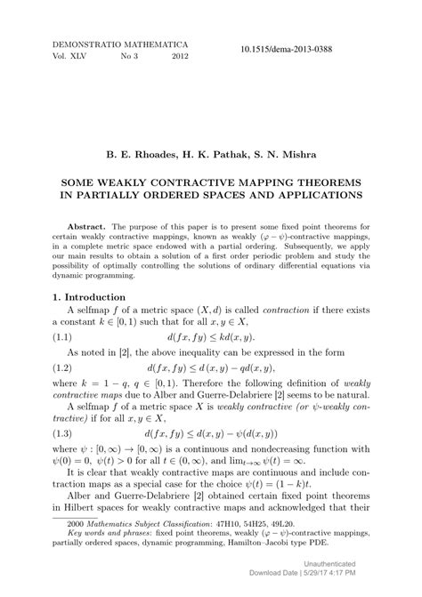 PDF Some Weakly Contractive Mapping Theorems In Partially Ordered Spaces And Applications