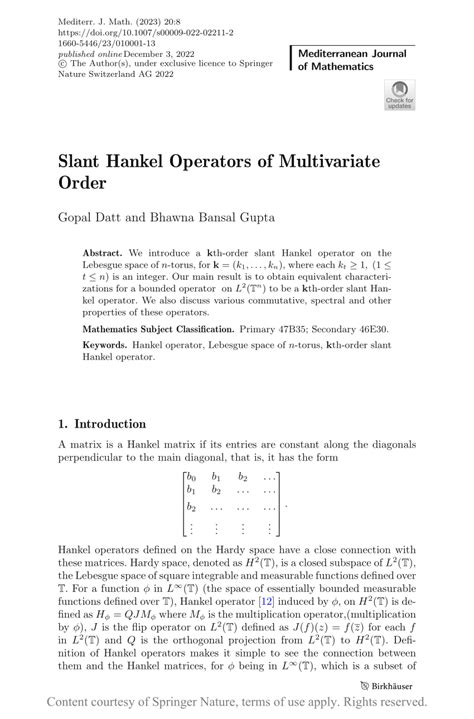 Slant Hankel Operators Of Multivariate Order Request Pdf